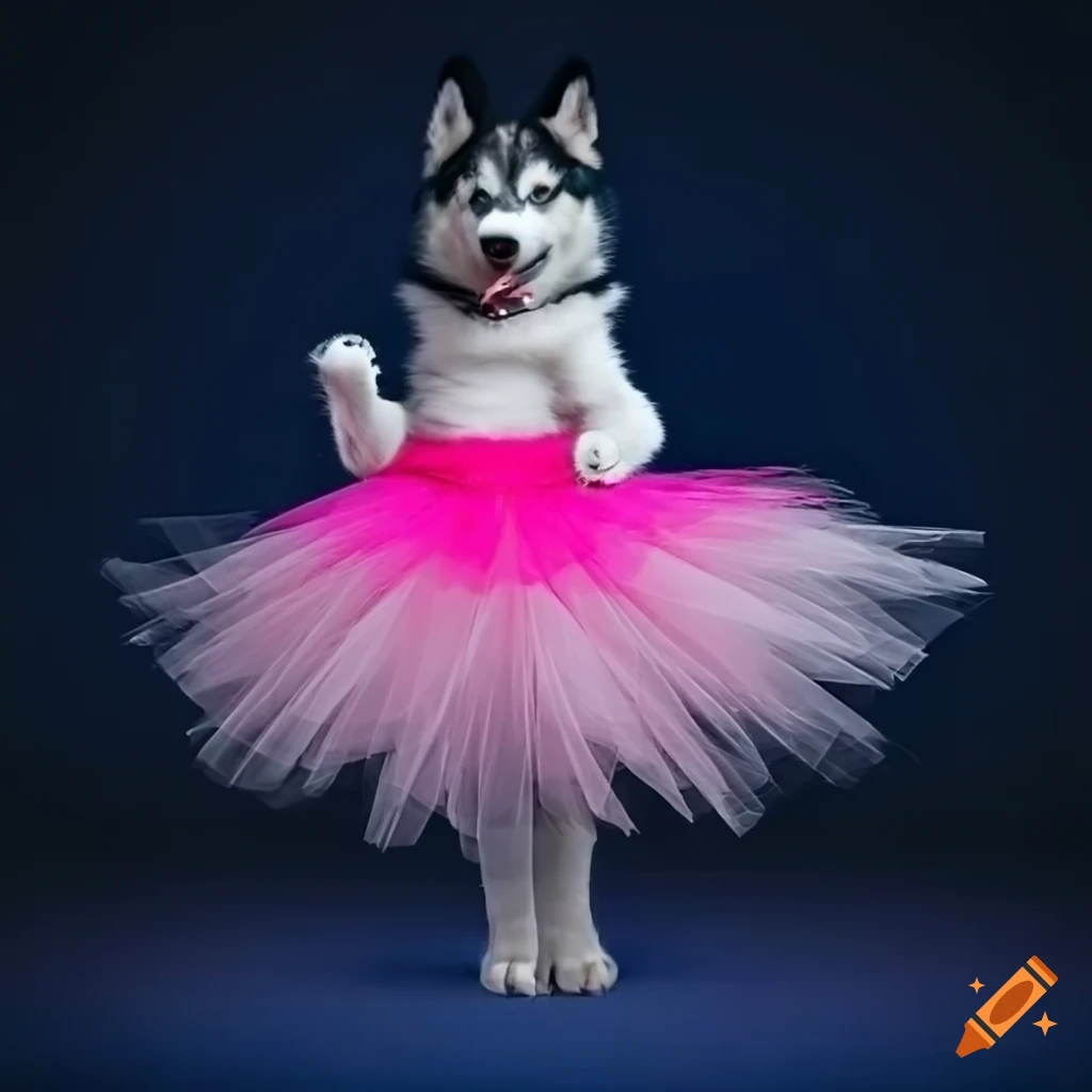 Anthropomorphic husky dancing on stage in a pink tutu on Craiyon