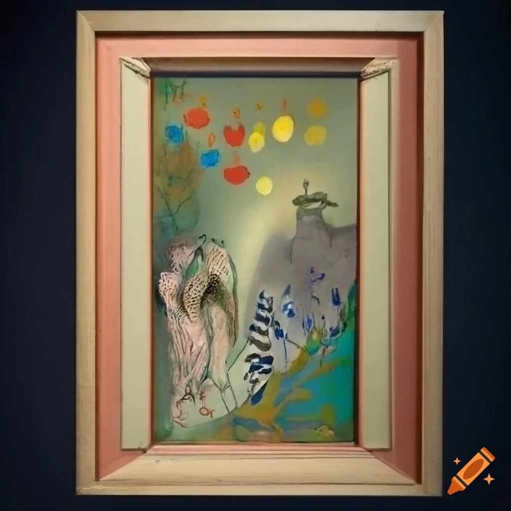 Joseph Cornell diorama inspired by Salish motifs in a lush natural setting with diverse wildlife ...