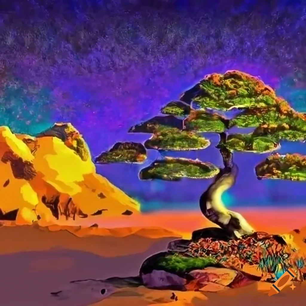 Vibrant bonsai tree in a desert night scene on Craiyon