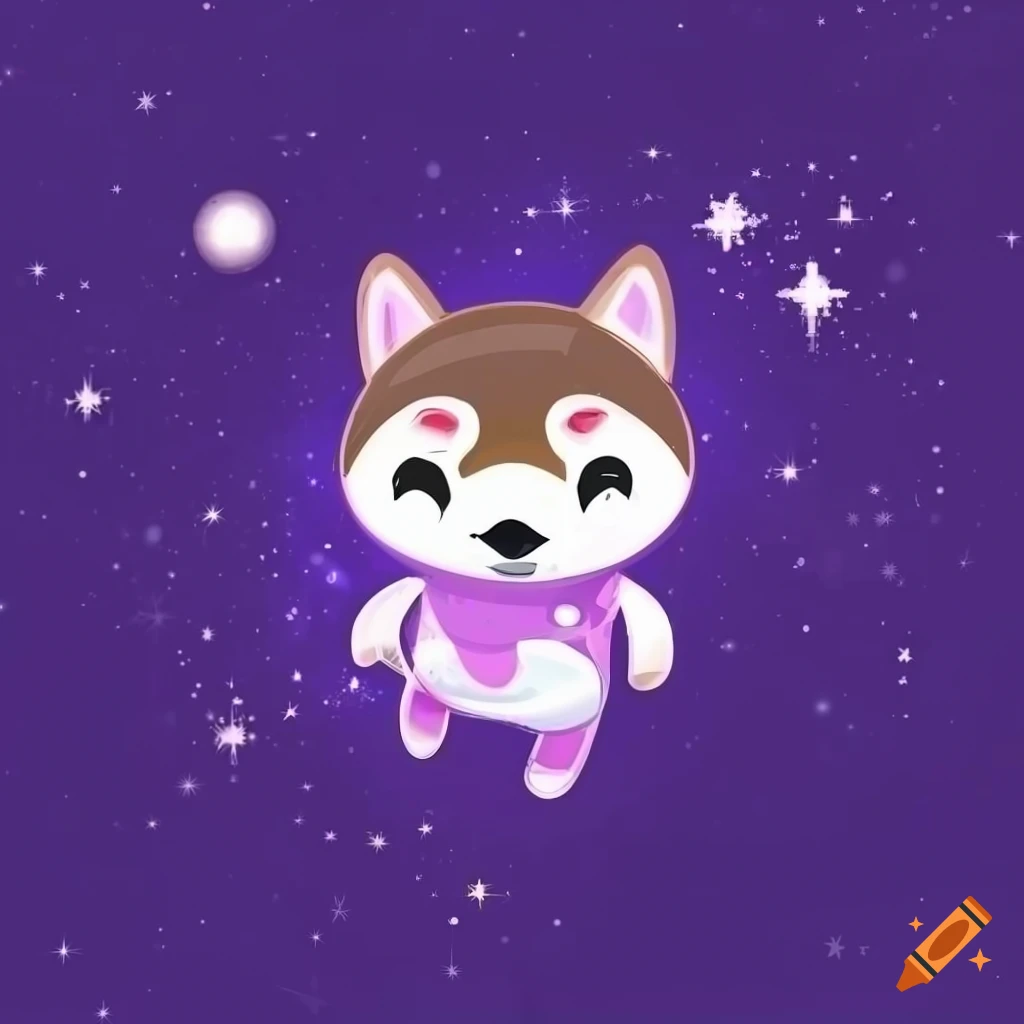 Purple shiba inu logo against a starry space background on Craiyon