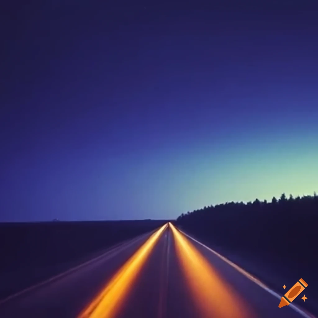 Night driving on rural highway in the 1980s on Craiyon