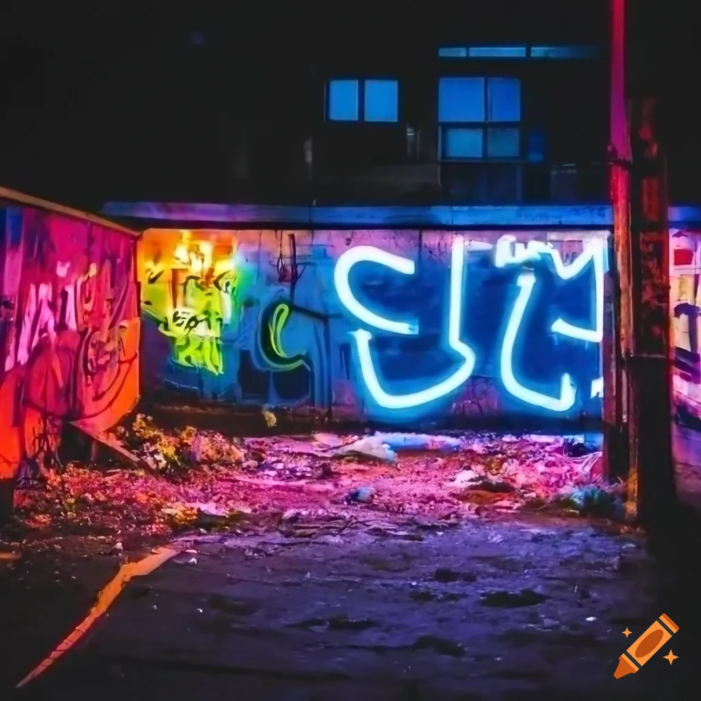Luminous neon graffiti alley at night with garbage and light poster on ...