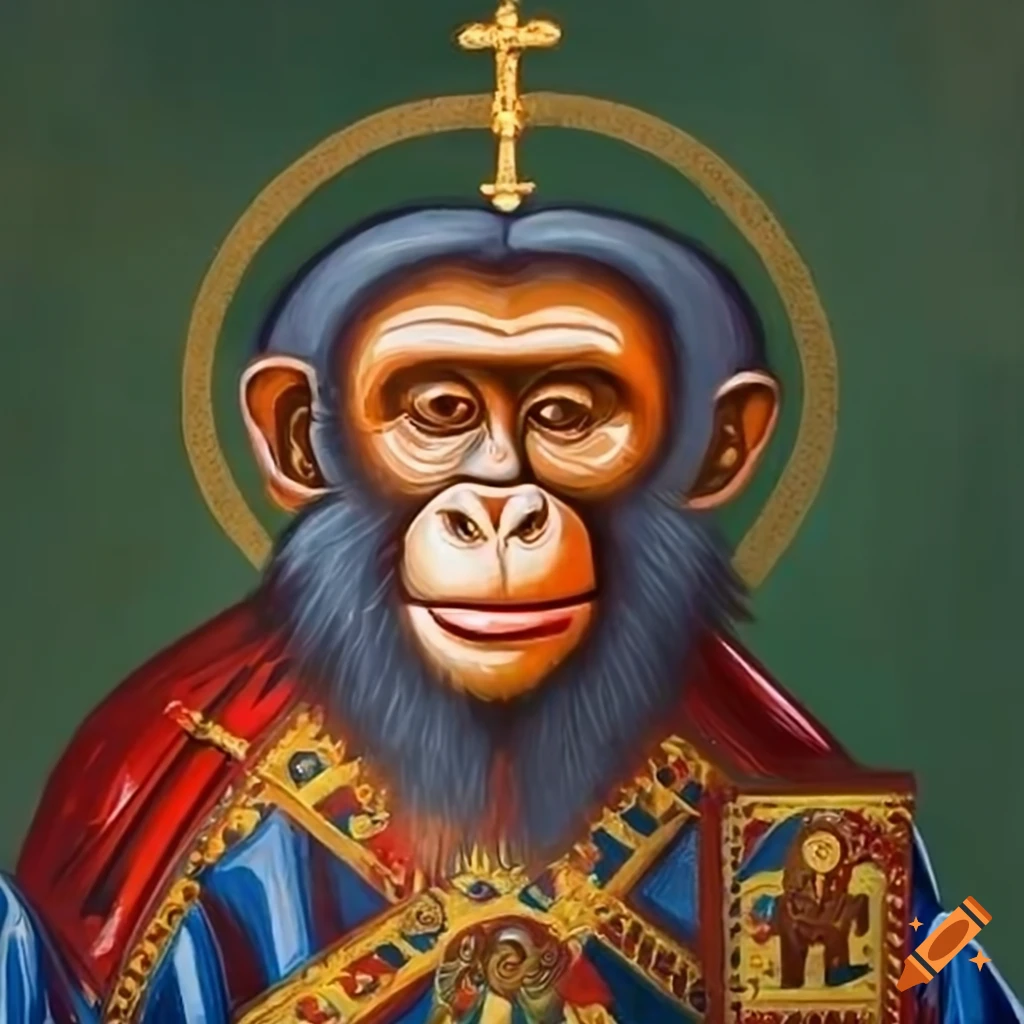 Chimp painted in the style of an orthodox church icon on Craiyon