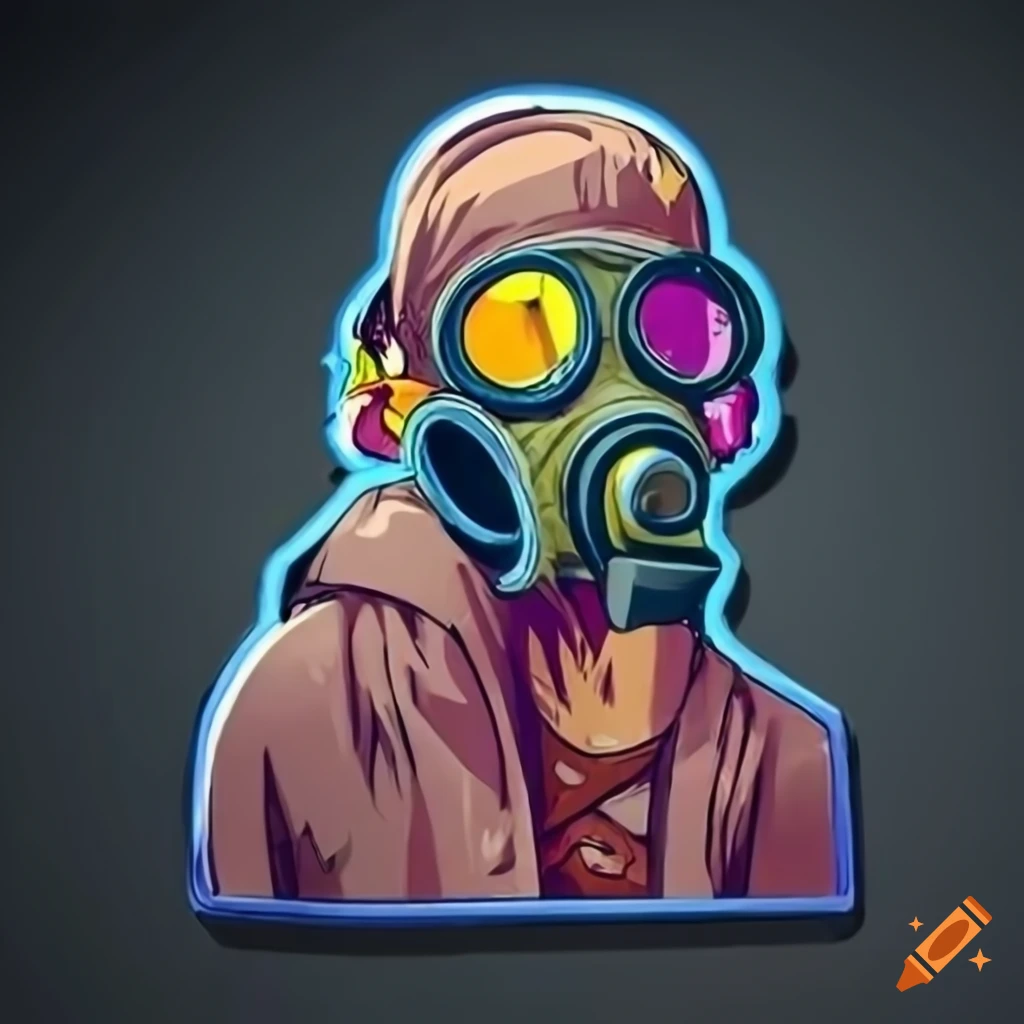 Edgy vibrant post-apocalypse gas mask man cartoon sticker on Craiyon
