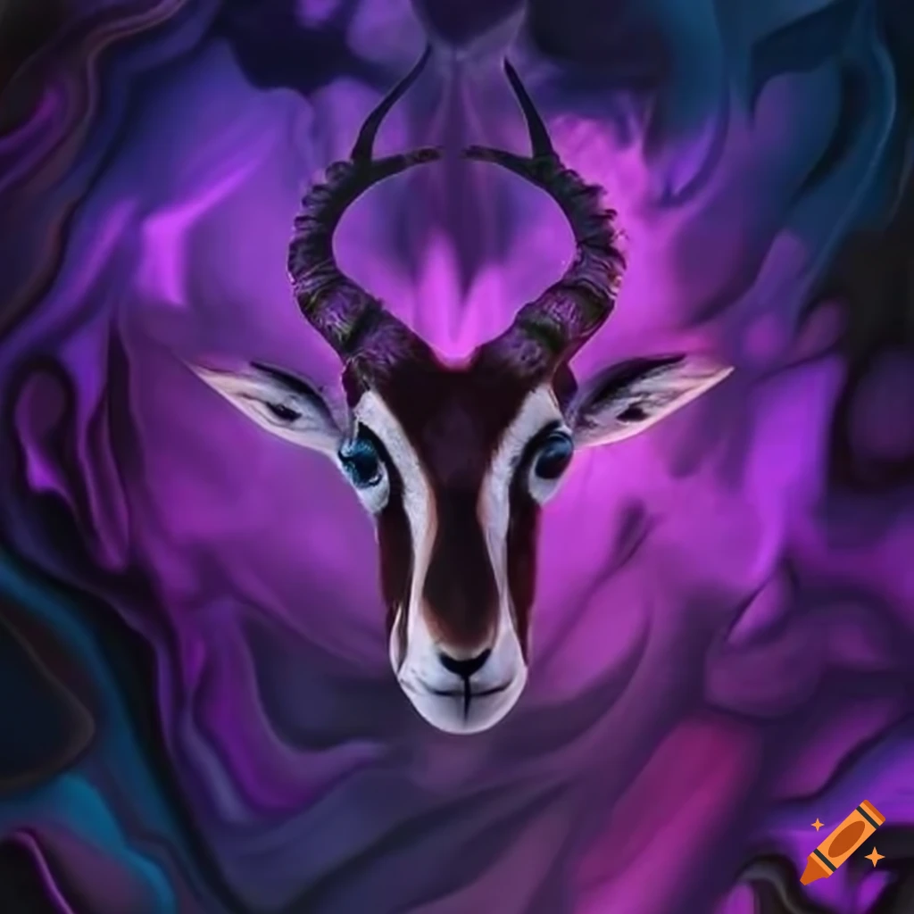 Purple and black antelope with multiple horns emerging from the water ...