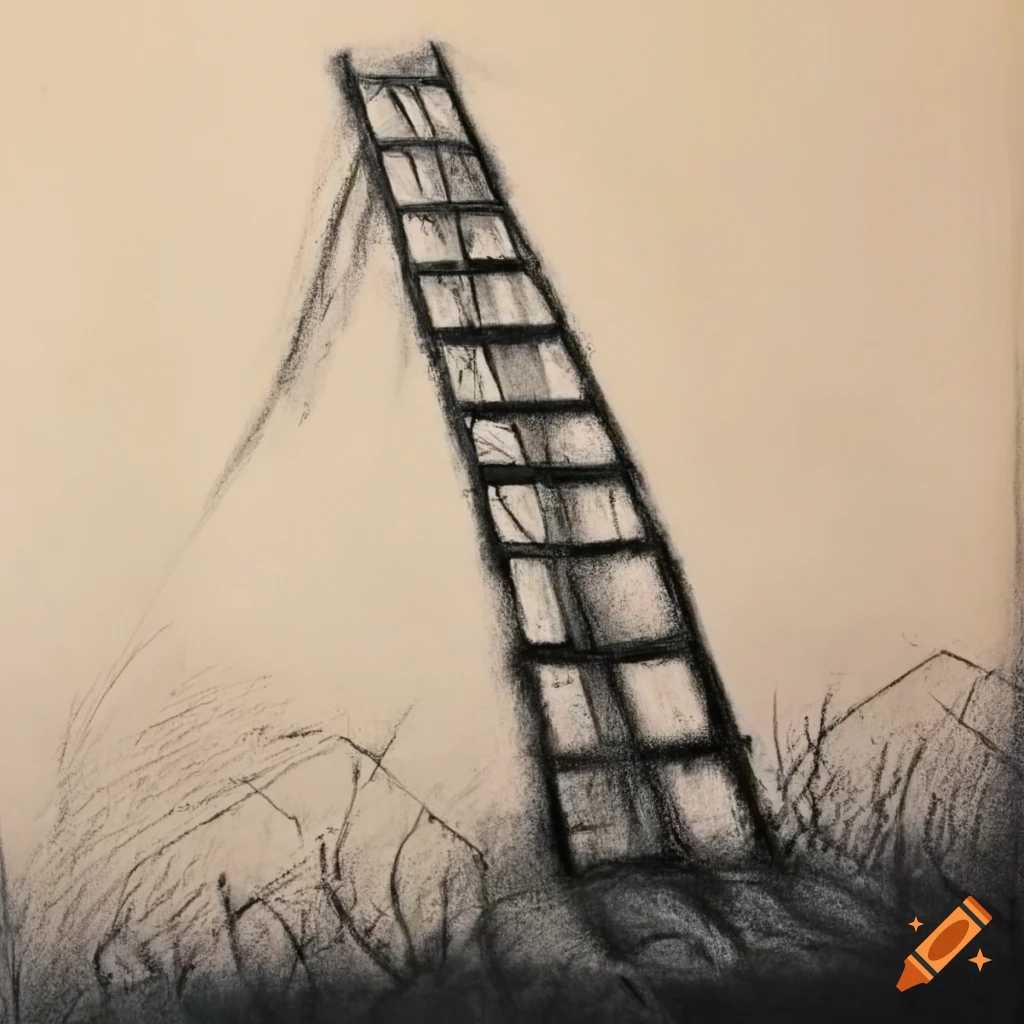 Charcoal drawing of a ladder leading to the sky in a coal mine on Craiyon