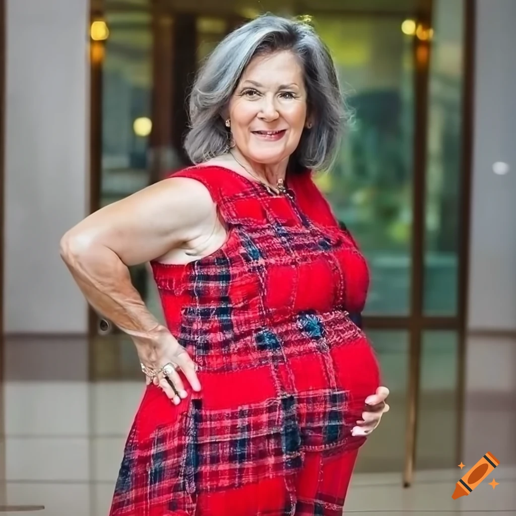 Attractive Older Pregnant Woman In Red Plaid Dress Standing In A Hotel Lobby On Craiyon