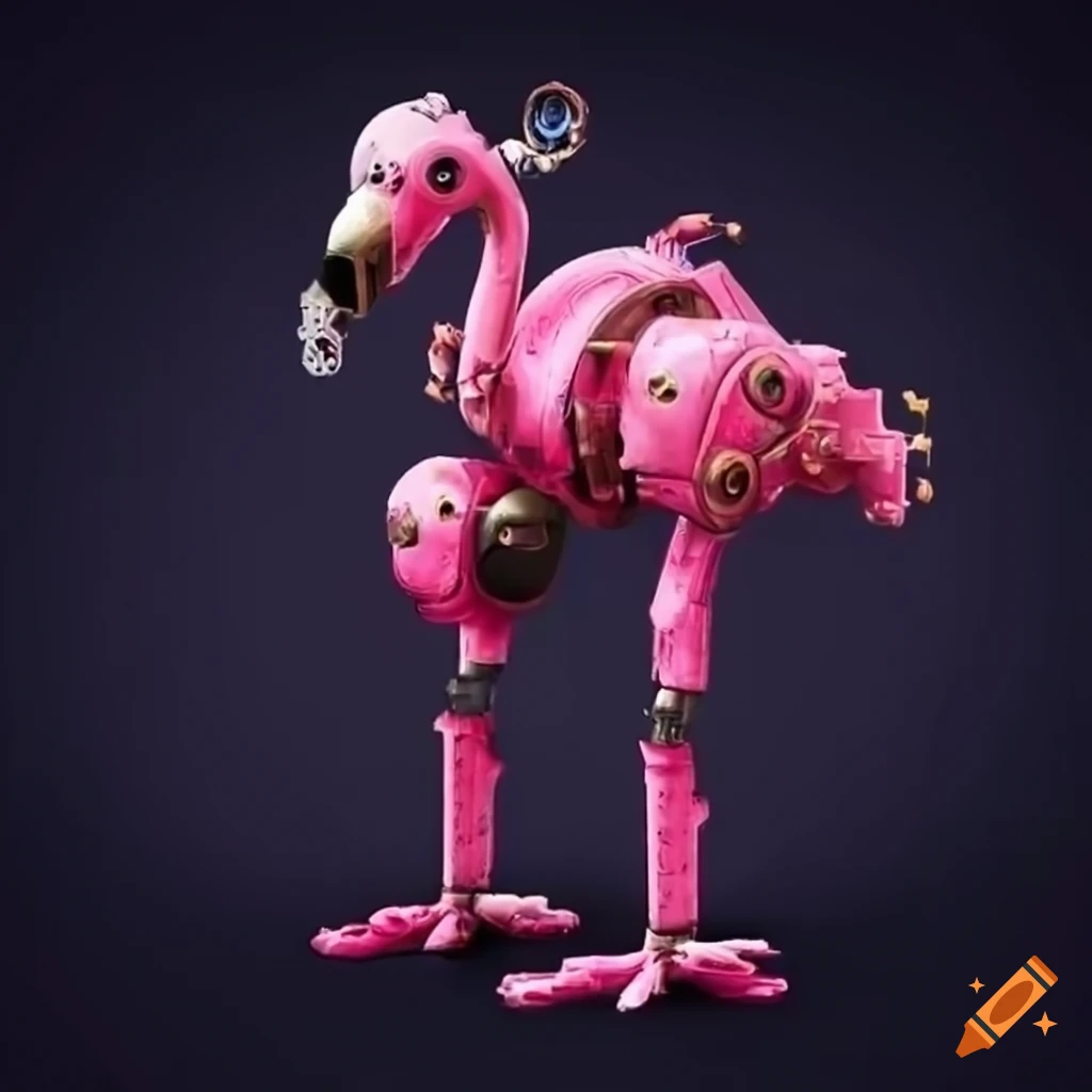 Pink steampunk battle mech shaped like a flamingo on Craiyon
