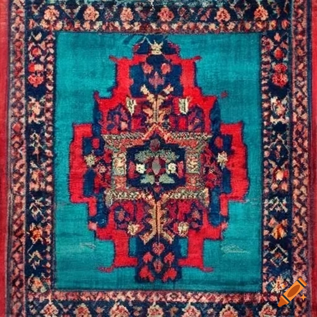 Teal, navy blue, and red bokkhara rug on Craiyon
