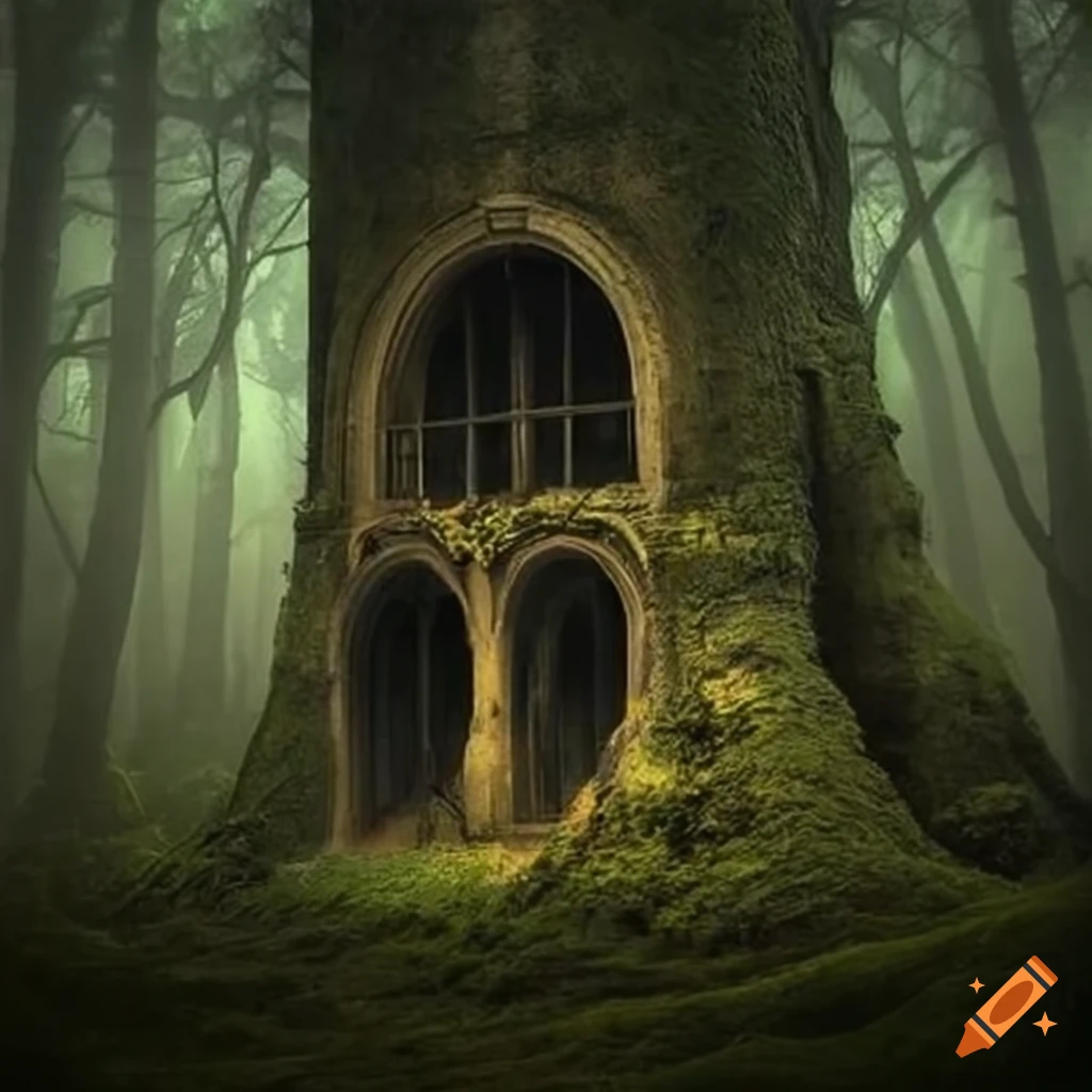 Imaginative old building integrated into a forest in bright daylight on ...