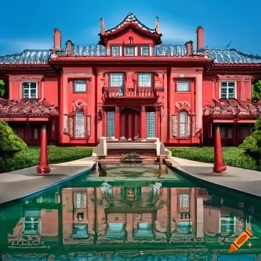 Italian-style 4 story mansion with red exterior and Chinese garden on ...