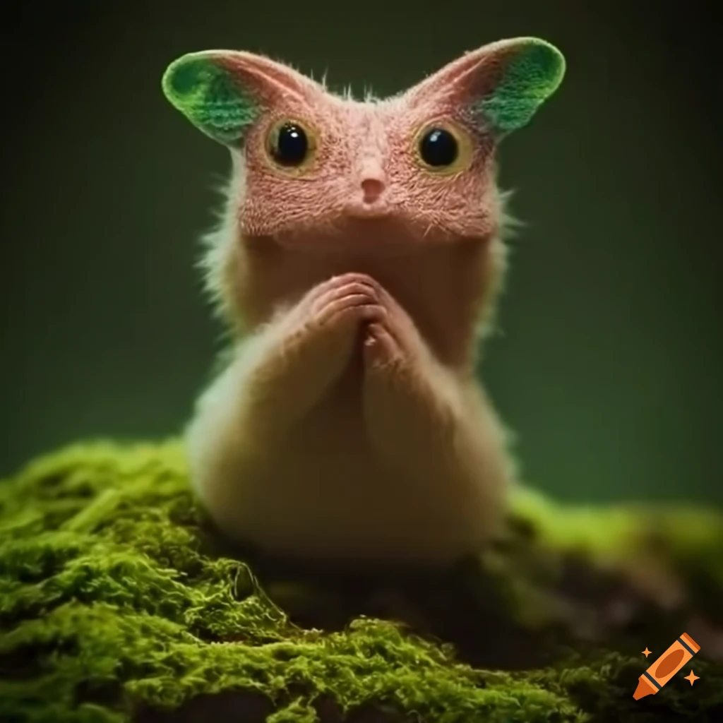 Cute mystical fuzzy creature in a moss-covered structure with a ...