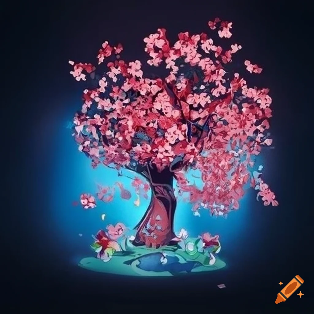 Anime-style blue cherry blossom tree with pokémon characters on Craiyon