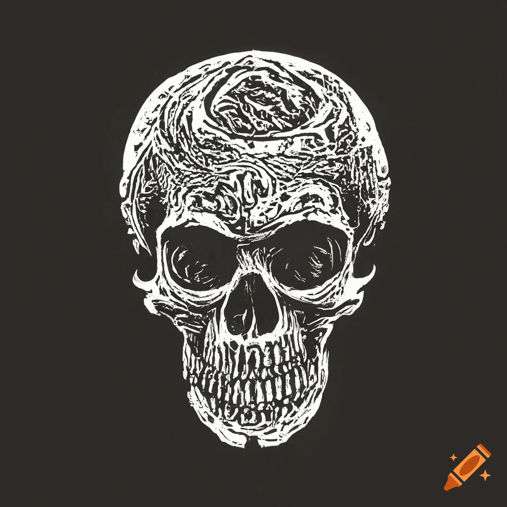 Skull in high resolution lino print style on Craiyon