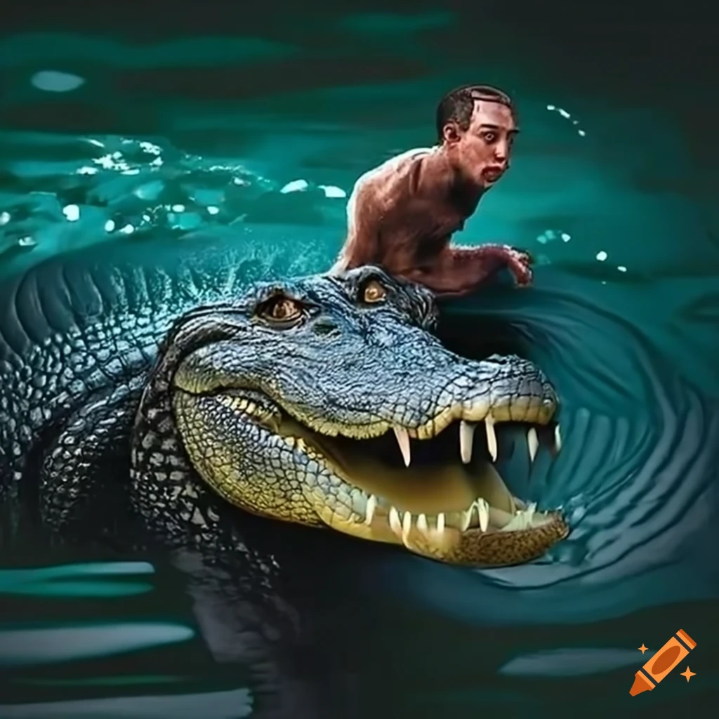 Brave man confronting a giant alligator in stormwater drain on Craiyon