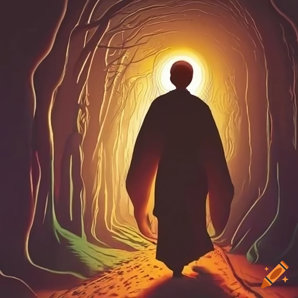 Man on a journey towards enlightenment walking into the light on Craiyon