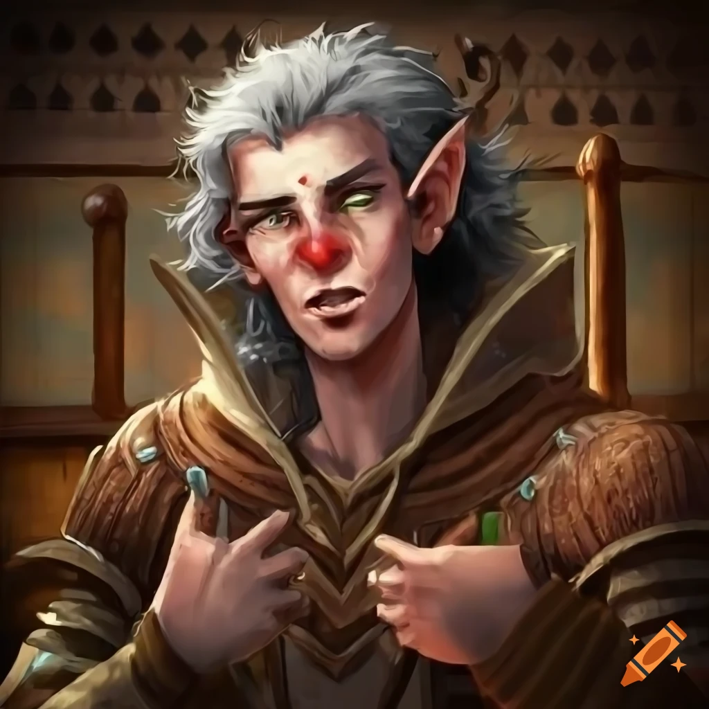 Half-elf male in a tavern with a mischievous smile and ragged clothing ...