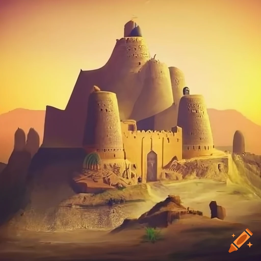 Oriental arab fortress surrounded by mountains on Craiyon