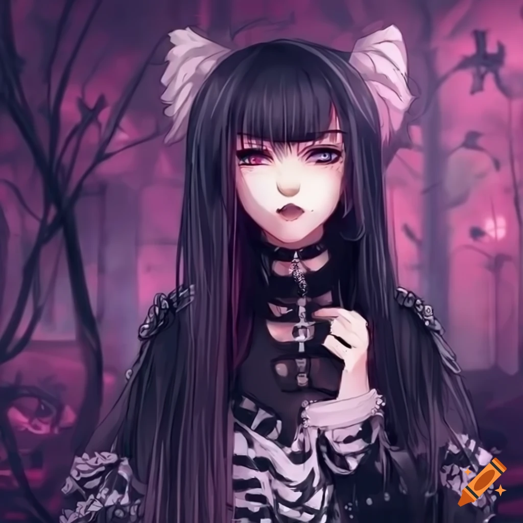 Anime-style girl in gothic outfit with rebellious accessories on Craiyon
