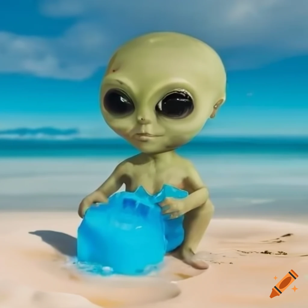 Alien child enjoying a slushie on the beach on Craiyon