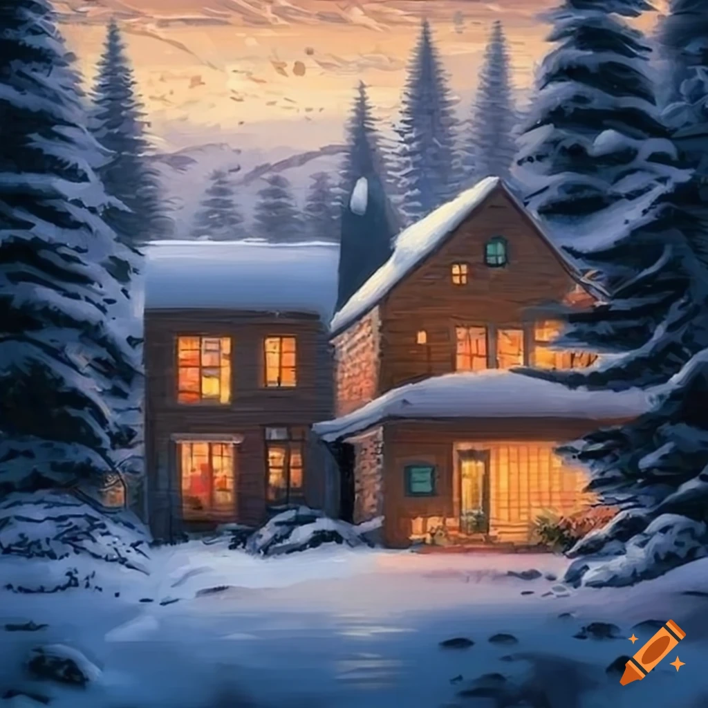 Modern house on a snowy mountain in a Christmas forest scene on Craiyon