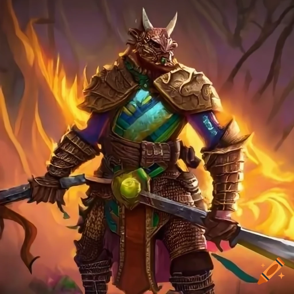 Heroic gold-scaled dragonborn in rainbow armor battling beasts in a ...