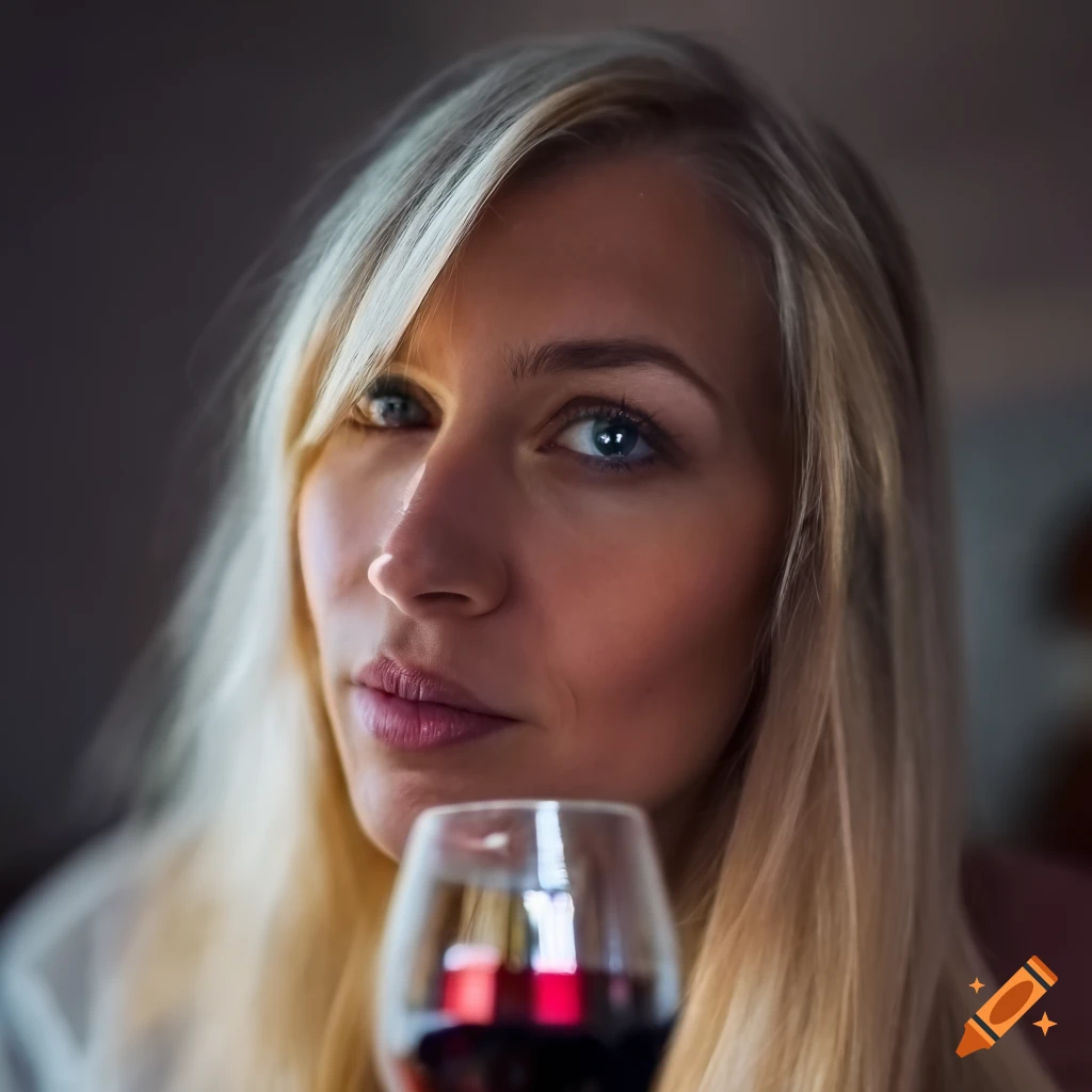 Blonde Swedish Woman In A Dark Bedroom With Tousled Hair And A Glass Of