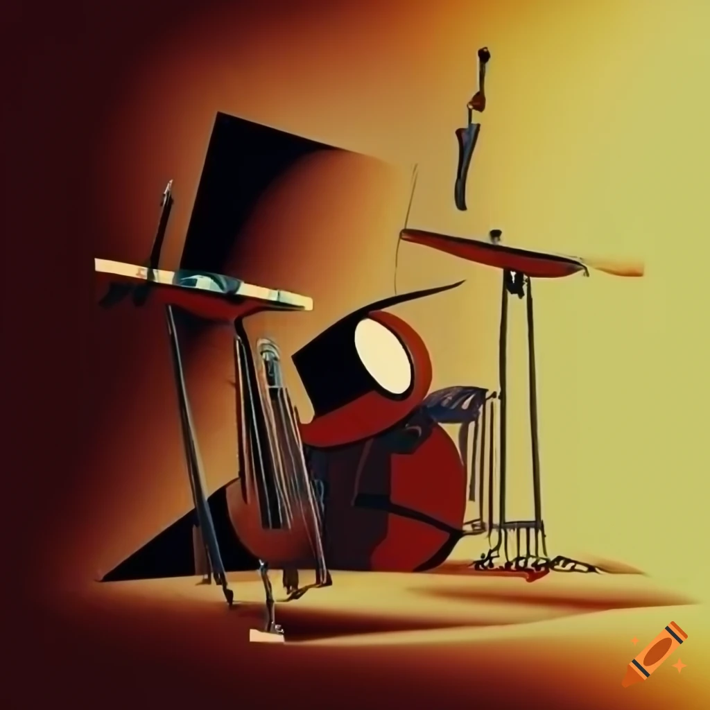 Surreal jazz instruments in cubist style featuring drums and guitar on ...