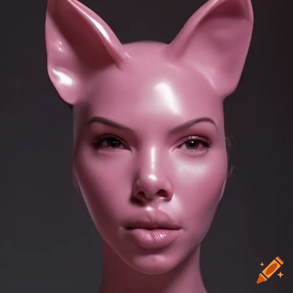 Iridescent dusty pink latex pig head with kendall jenner face on Craiyon