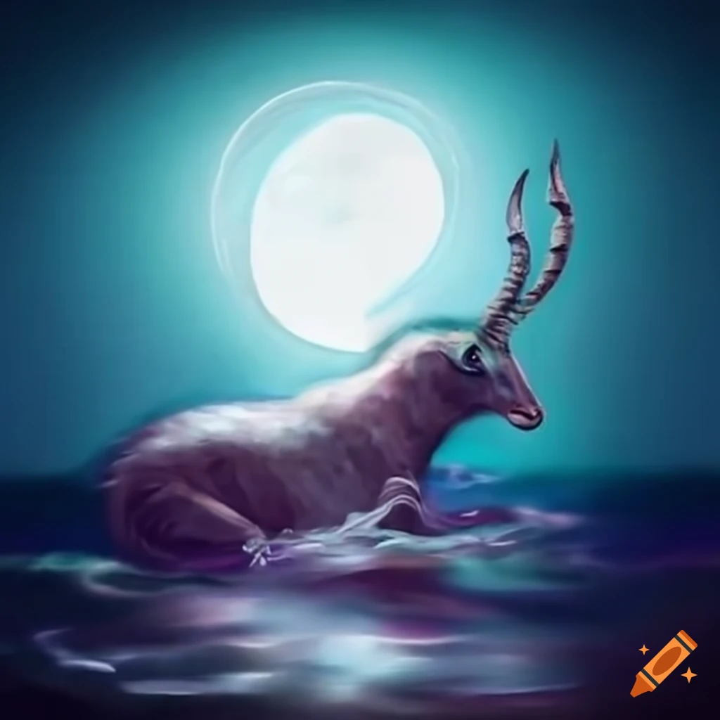 Mythical antelope kneeling in the sea with magic lights on Craiyon