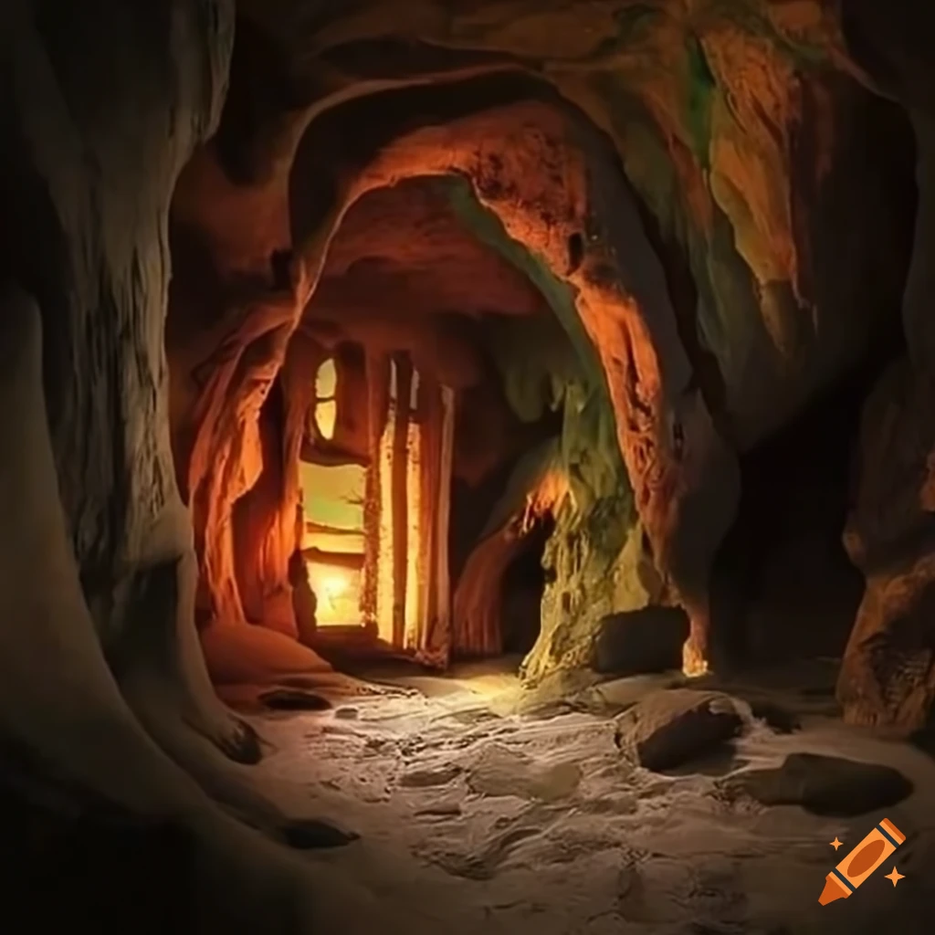 Ancient enchanted cave in a quaint village setting on Craiyon