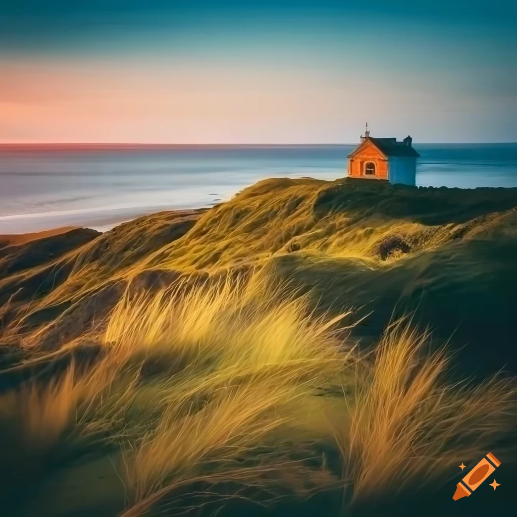 Scenic view of uk seaside coast with grassy dunes, cliffs, and white ...