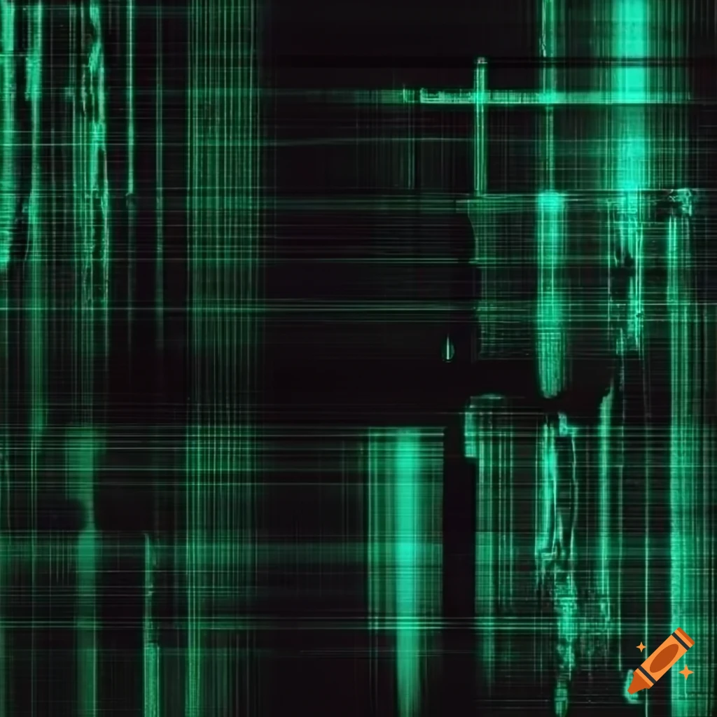 Glitching cracked screen with black fluids and computer code on black background on Craiyon