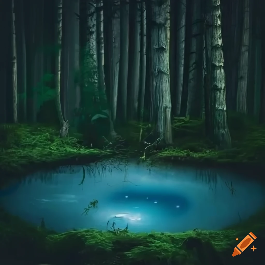 Small round pond in a forest at night on Craiyon