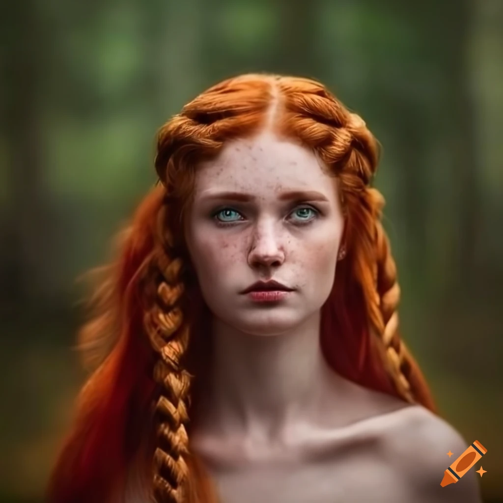 Portrait Of A Red Haired Celtic Woman With Braided Hair In The Forest