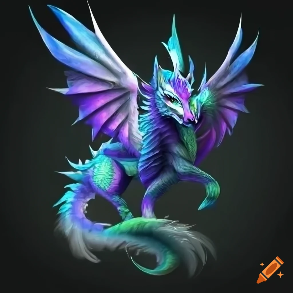 Wolf-dragon mythical creature with vivid colors and luscious fur on Craiyon