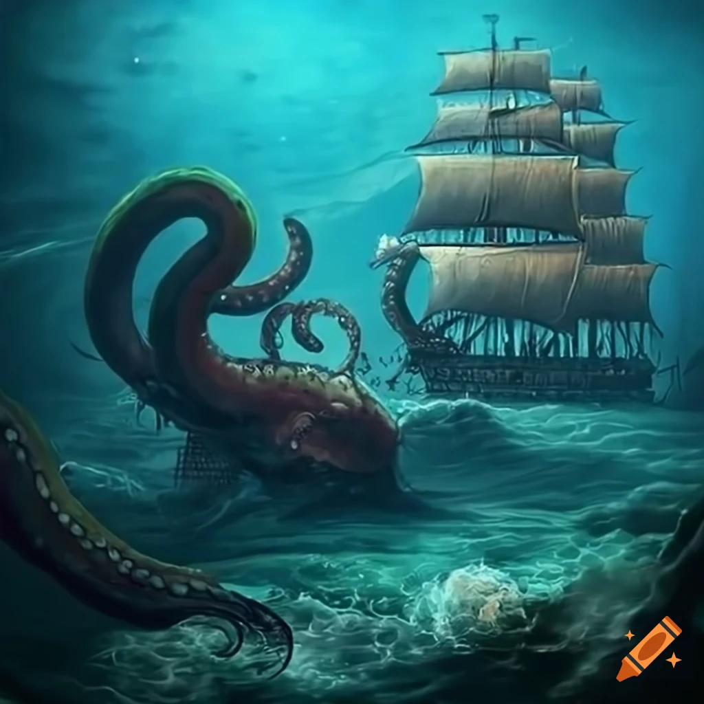 Kraken pulling a ship underwater in a realistic depiction on Craiyon