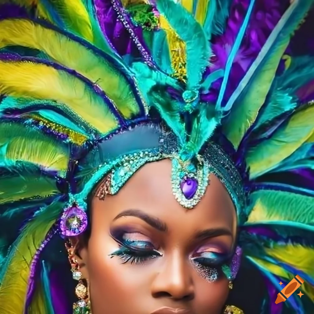 Close up portrait of caribbean carnival goddess in ornate costume on ...
