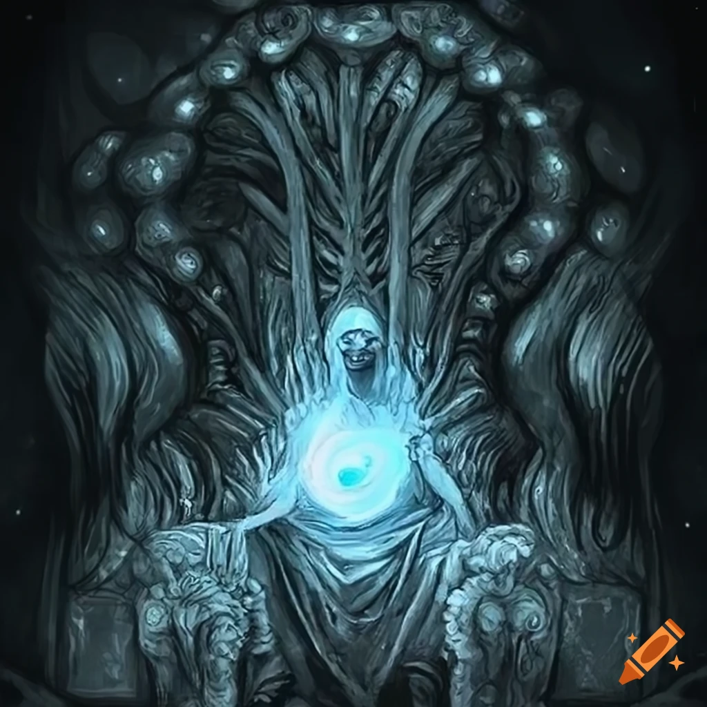 Eldritch god holding a glowing cosmic orb on a throne in otherworldly ...