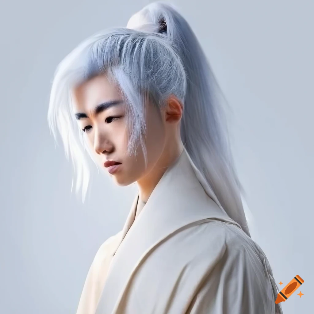 Japanese male model in white monk robes with white eyes and long hair ...
