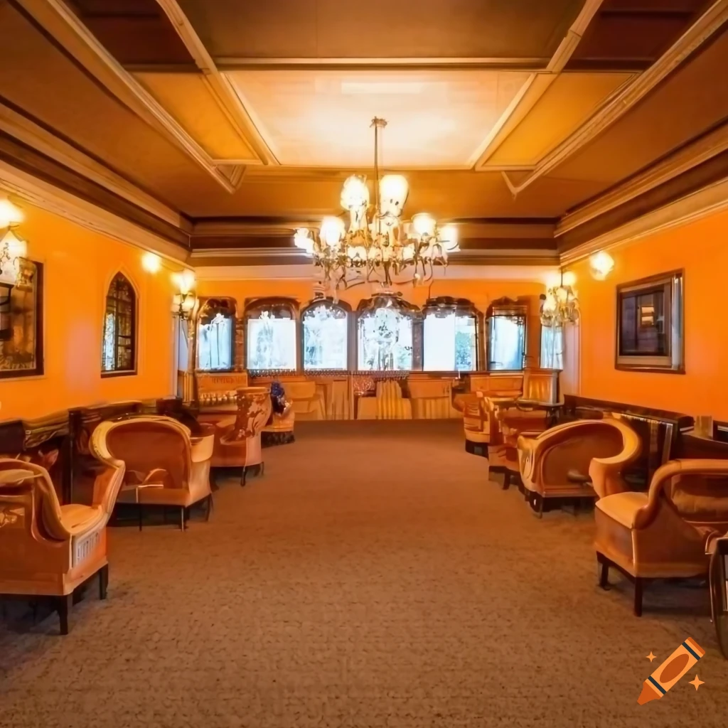 Spacious orange and white saloon room with large windows and lights on ...