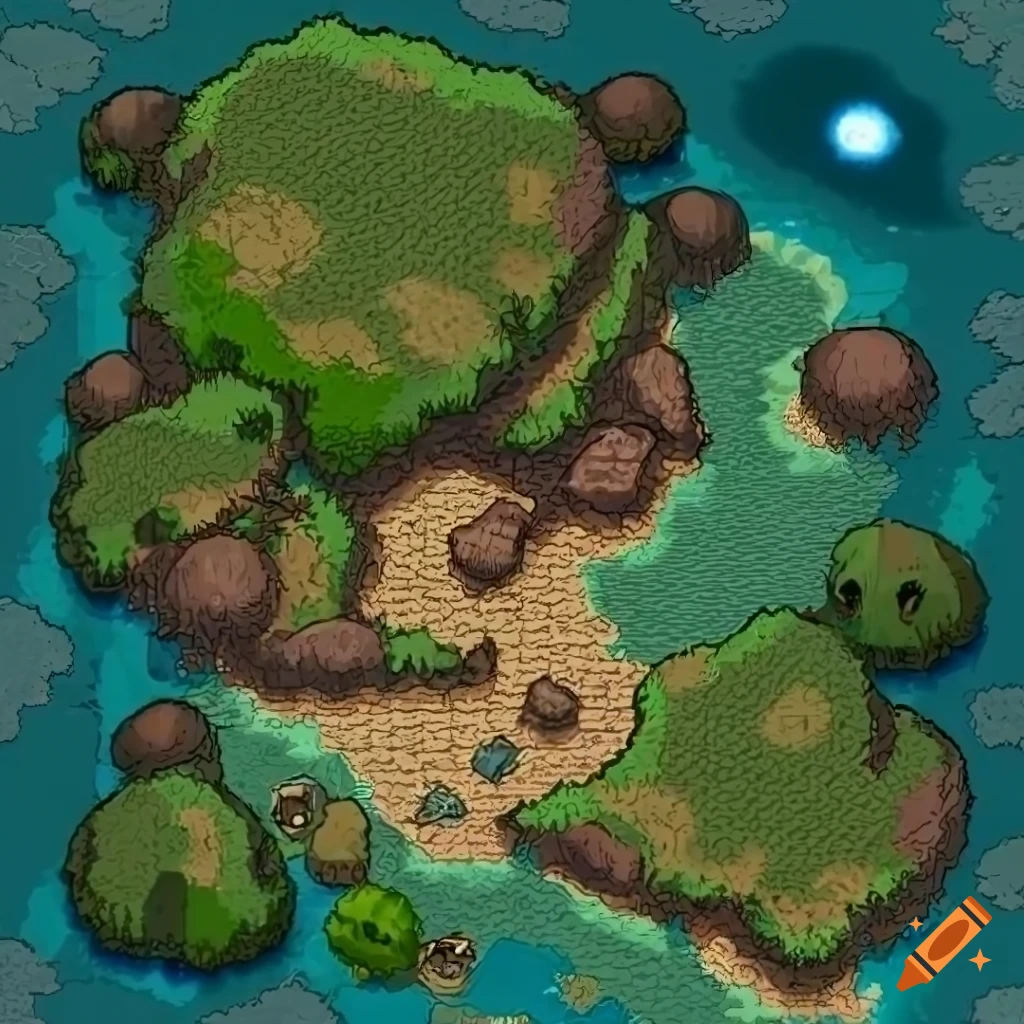 Top-down view of a wilderness world map in an rpg maker style on Craiyon