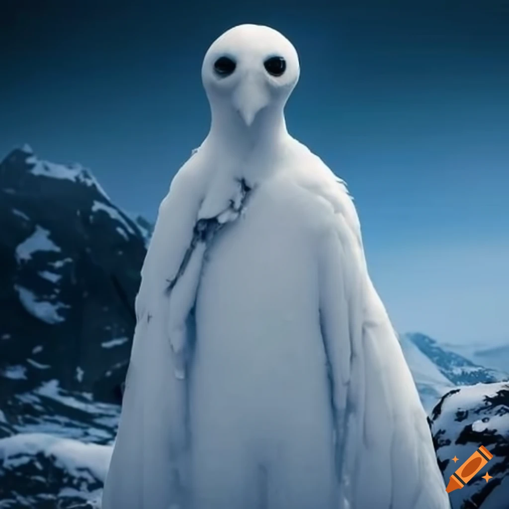 Eerie humanoid bird on a snowy mountain on Craiyon