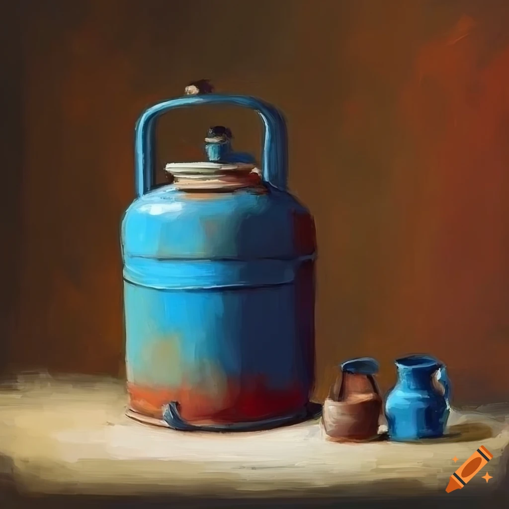 Gas cylinder with pots and kettle in still life painting composition on ...