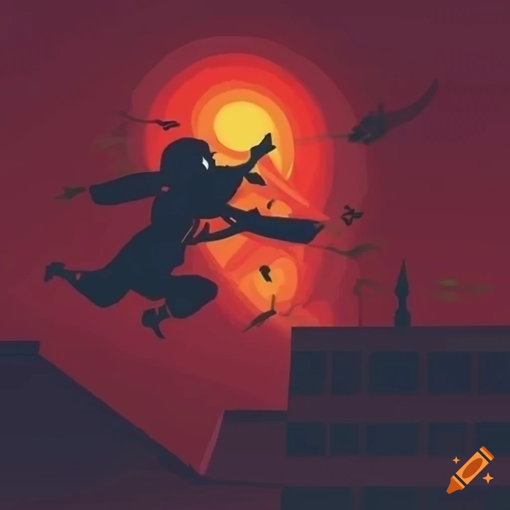 Ninja running along rooftop at red sunrise on Craiyon