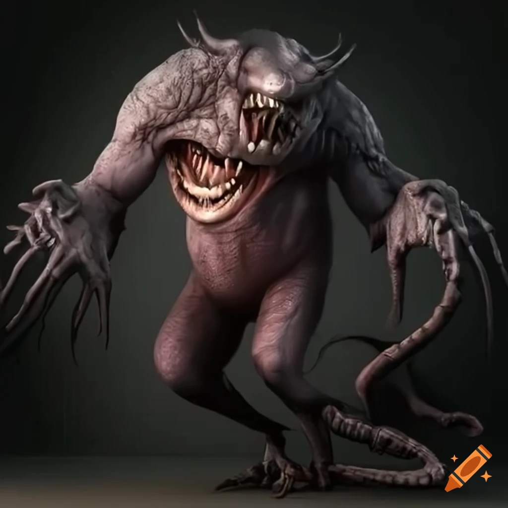 Scary creature with claws, fangs, bizarre eyes and tentacles all over ...