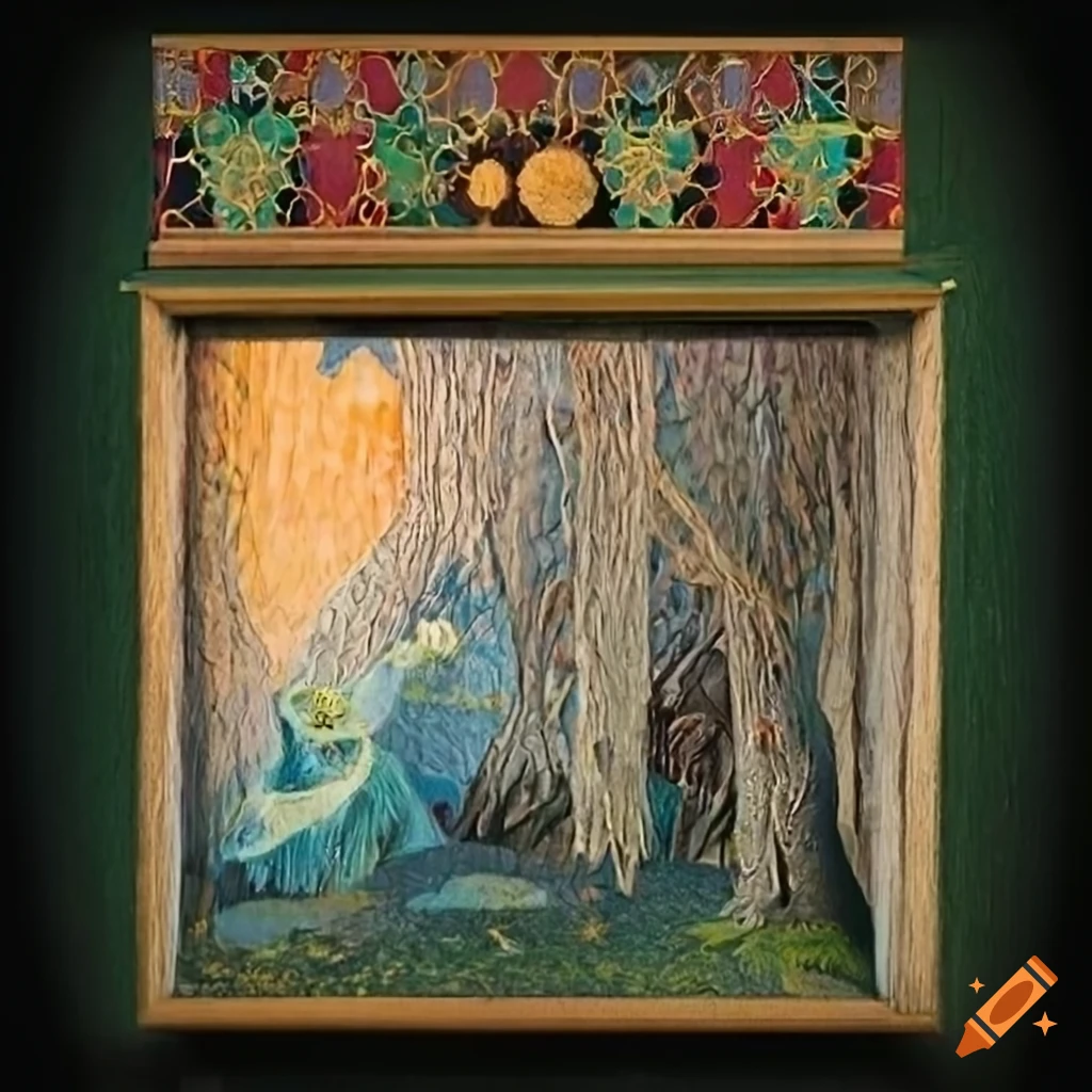 Joseph Cornell diorama inspired by Salish motifs with diverse wildlife and flora on Craiyon