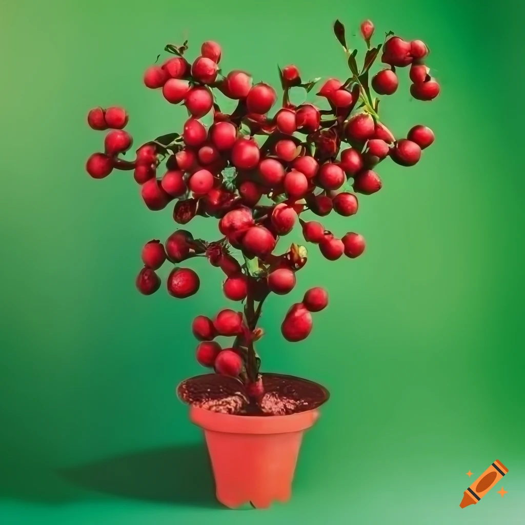 Tall green plant with red fruit in a pot against a green background on ...