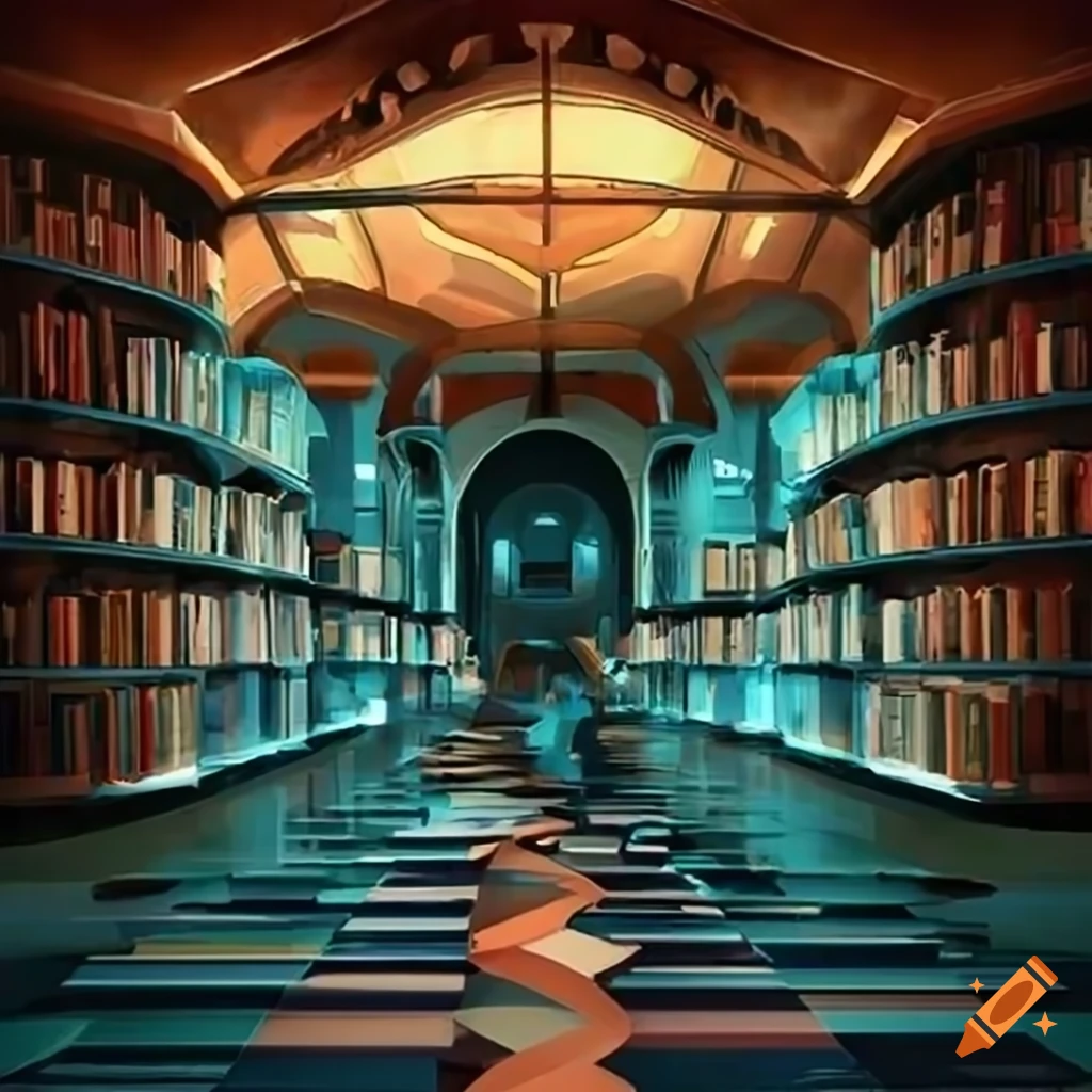 Futuristic library with innovative book displays blending technology on ...