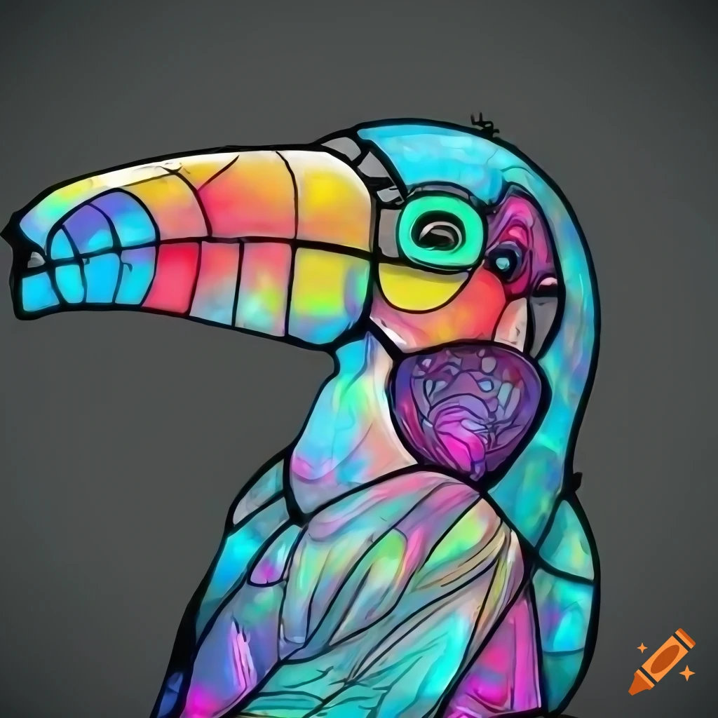 Punk toucan graffiti street art in stained glass style with holographic ...